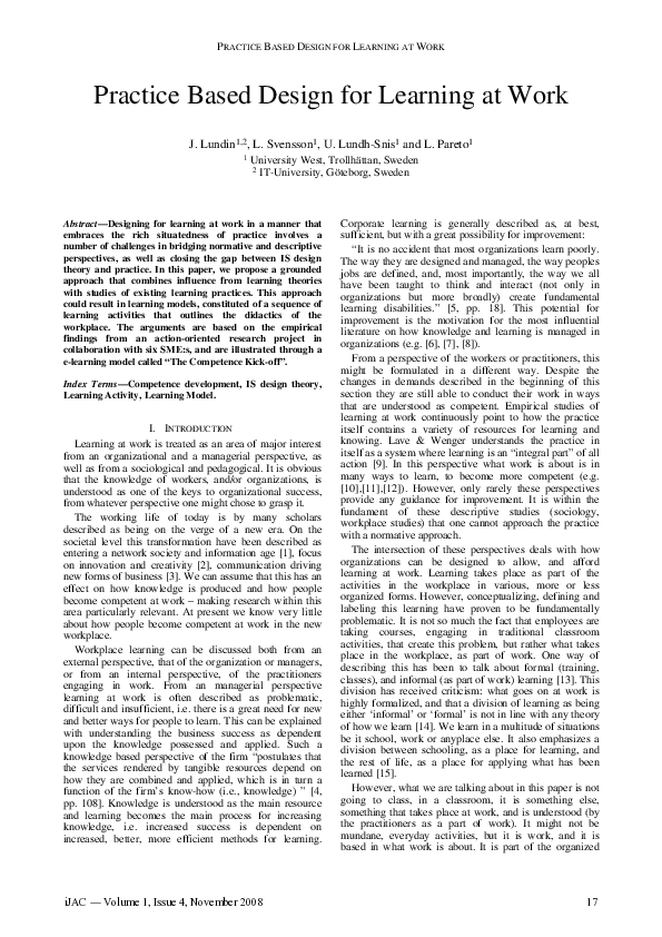 (PDF) Practice based design for learning at work