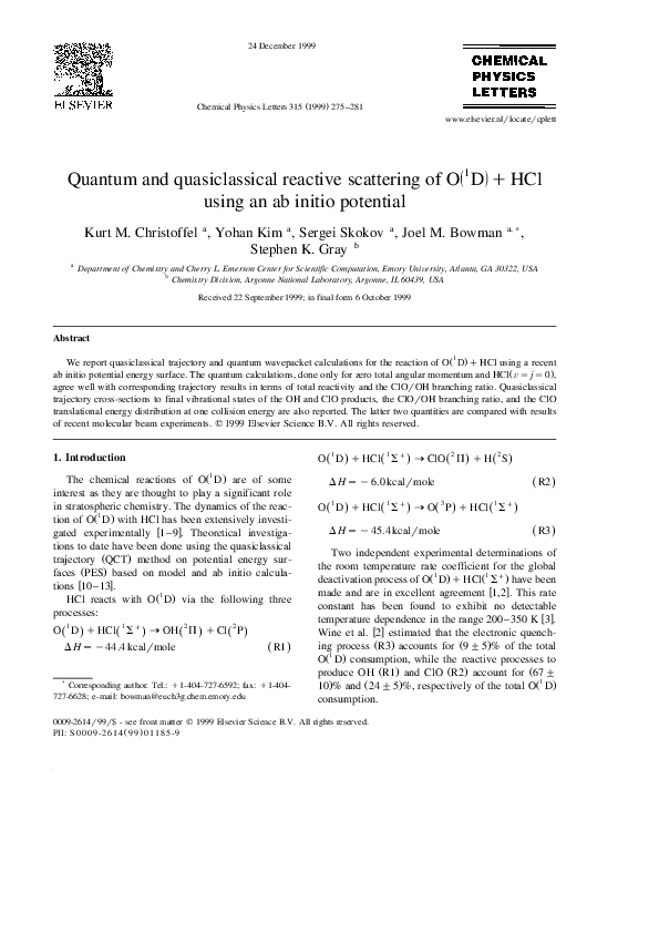 (PDF) Quantum and quasiclassical reactive scattering of +HCl using an ab initio potential