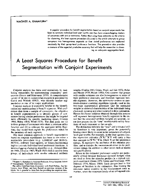 Pdf A Least Squares Procedure For Benefit Segmentation With Conjoint