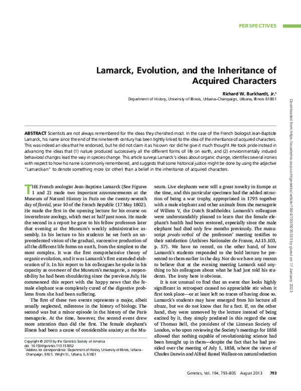 (PDF) Lamarck, Evolution, and the Inheritance of Acquired Characters