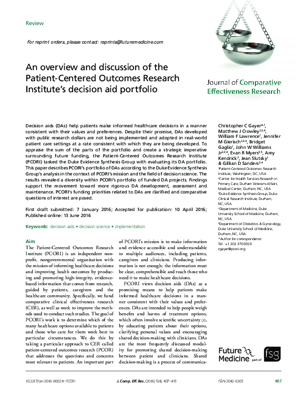 (PDF) An overview and discussion of the Patient-Centered Outcomes ...