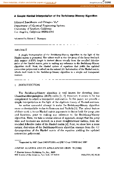 Pdf A Simple Hankel Interpretation Of The Berlekamp Massey Algorithm Edmond Jonckheere