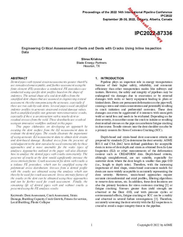 (PDF) Engineering Critical Assessment of Dents and Dents With Cracks ...