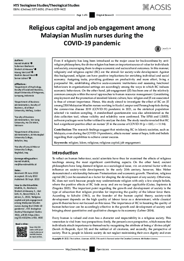 (PDF) Religious capital and job engagement among Malaysian Muslim ...