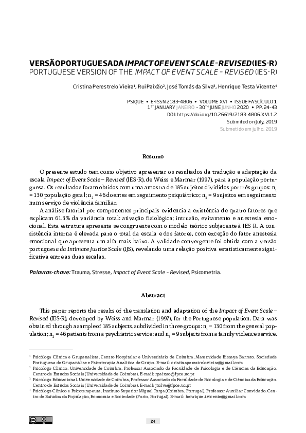 (PDF) Versão Portuguesa da Impact Of Event Scale – Revised (IES-R)
