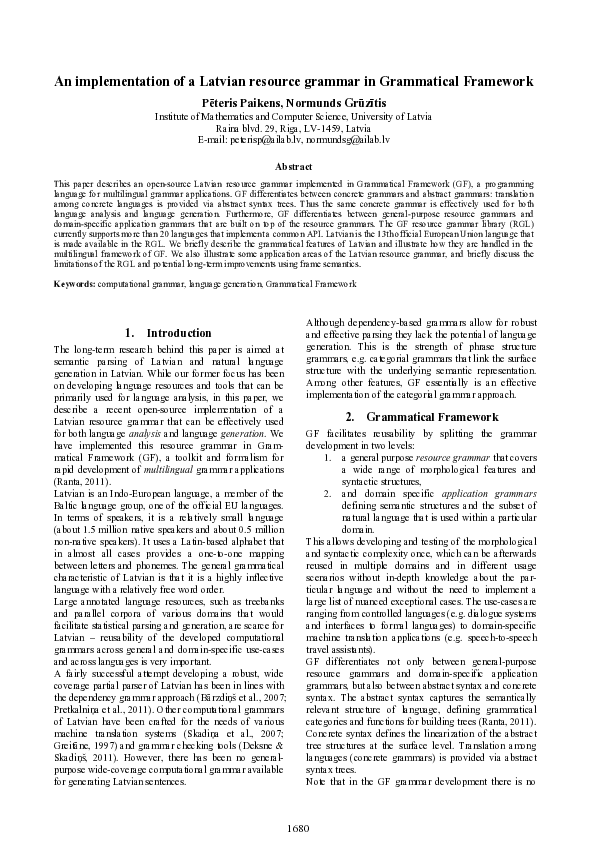 (PDF) An implementation of a Latvian resource grammar in Grammatical Framework