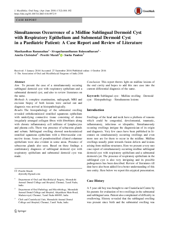 (PDF) Simultaneous Occurrence of a Midline Sublingual Dermoid Cyst with ...