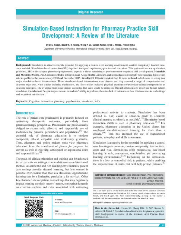 (PDF) Simulation-based instruction for pharmacy practice skill ...
