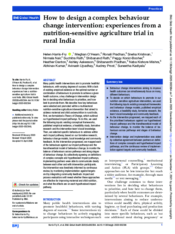 (PDF) How to design a complex behaviour change intervention: experiences from a nutrition ...