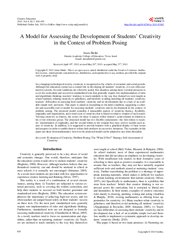 (PDF) A Model for Assessing the Development of Students’ Creativity in the Context of Problem Posing