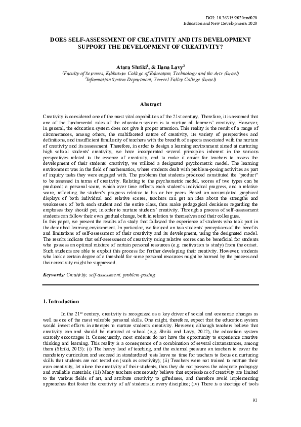 (PDF) Does Self-Assessment of Creativity and Its Development Support the Development of Creativity?