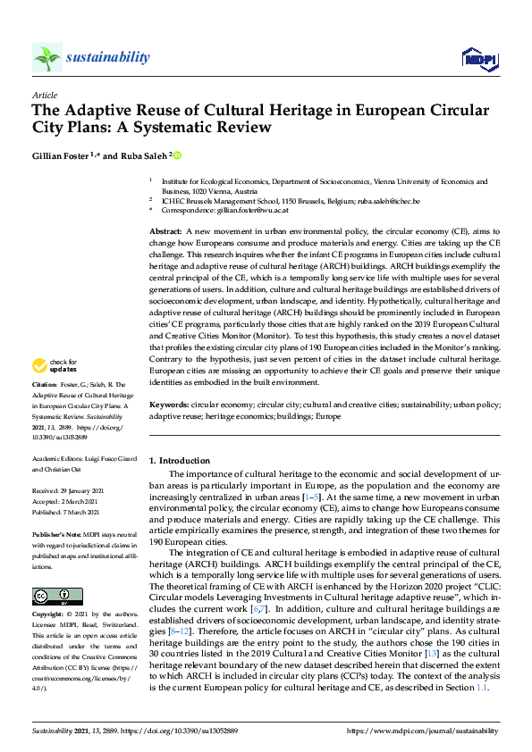 (PDF) The Adaptive Reuse of Cultural Heritage in European Circular City Plans: A Systematic ...