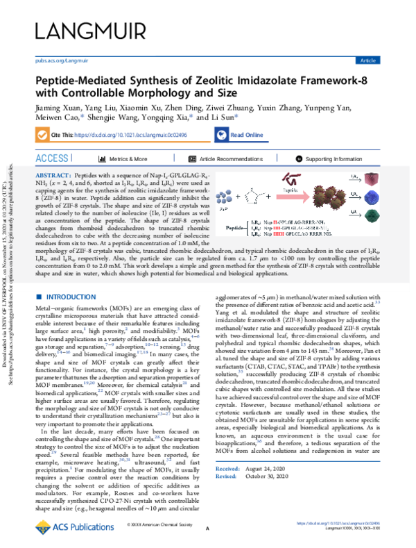 (PDF) Peptide-Mediated Synthesis of Zeolitic Imidazolate Framework-8 with Controllable ...