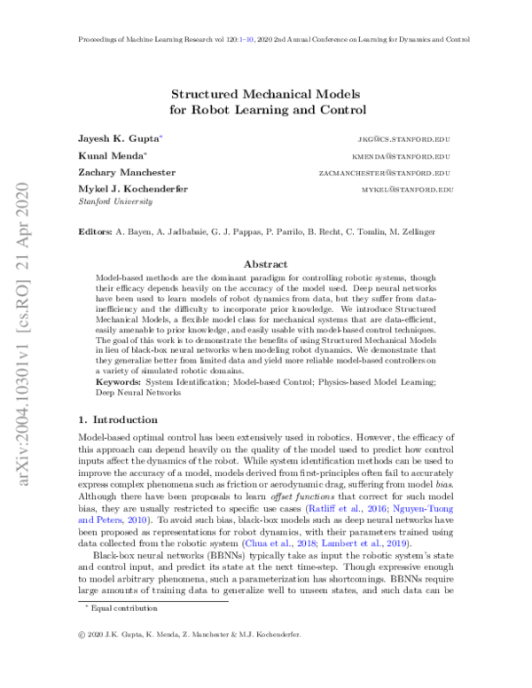 (PDF) Structured Mechanical Models for Robot Learning and Control