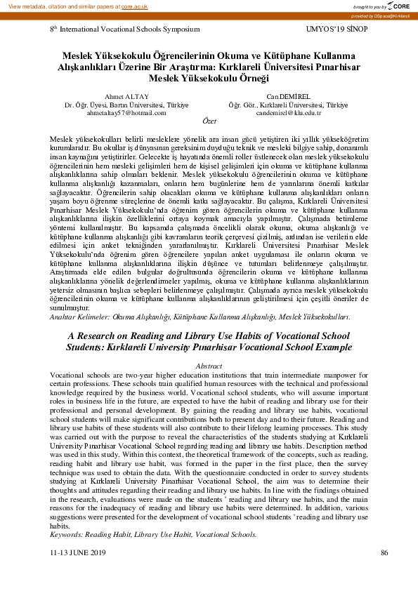 (PDF) A Research on Reading and Library Use Habits of Vocational School ...