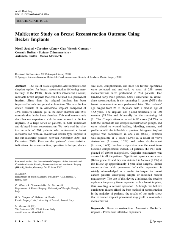 (PDF) Multicenter Study on Breast Reconstruction Outcome Using Becker ...