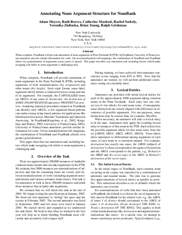 Pdf Annotating Noun Argument Structure For Nombank