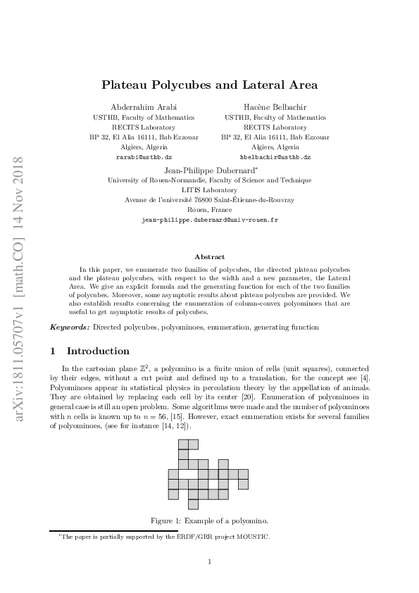 (PDF) Plateau Polycubes and Lateral Area | Hacene Belbachir - Academia.edu