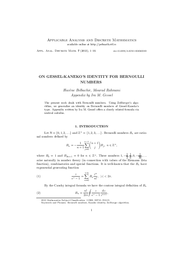 (PDF) On Gessel-Kaneko's identity for Bernoulli numbers