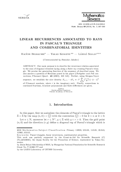 (PDF) Linear recurrences associated to rays in Pascal’s triangle and combinatorial identities