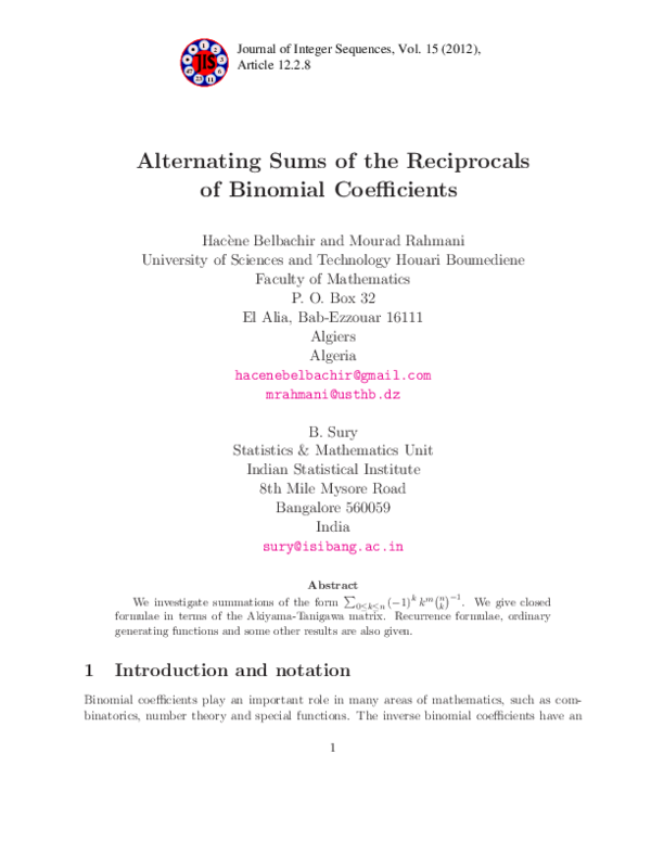 Pdf Reciprocal Sums Of Binomial Coefficients 0023