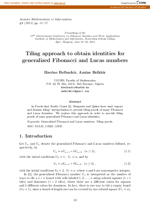 (PDF) Tiling approach to obtain identities for generalized Fibonacci ...