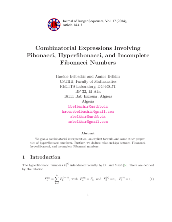 Pdf Combinatorial Expressions Involving Fibonacci Hyperfibonacci And Incomplete Fibonacci