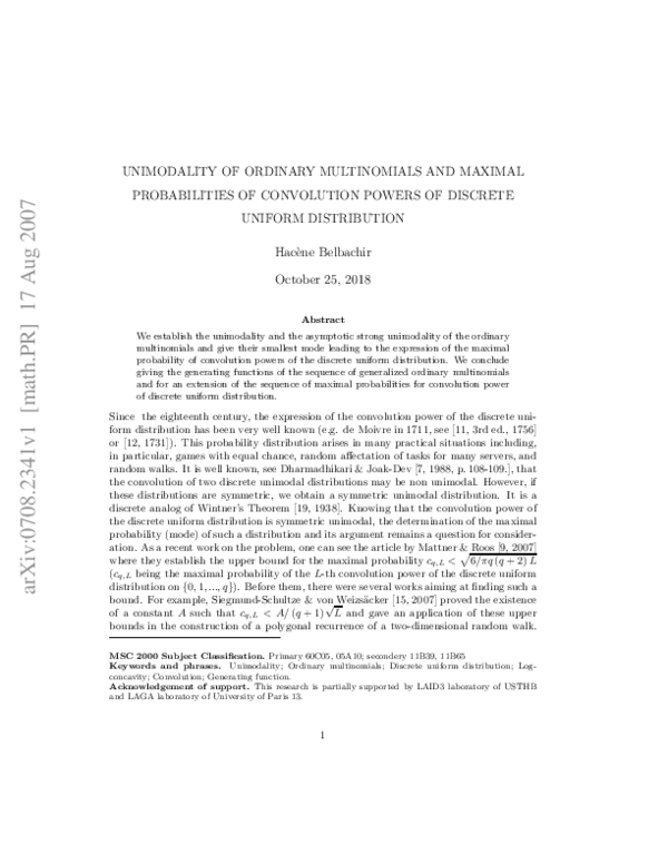 (PDF) Unimodality of ordinary multinomials and maximal probabilities of ...