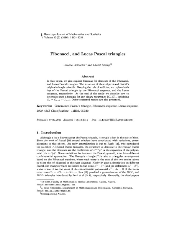 (PDF) Fibonacci, and Lucas Pascal Triangles