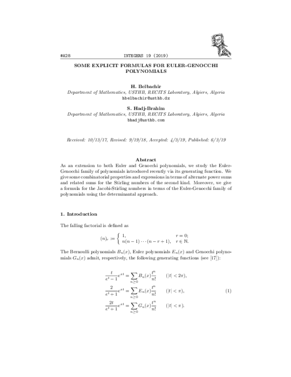 Pdf Some Explicit Formulas For Euler Genocchi Polynomials