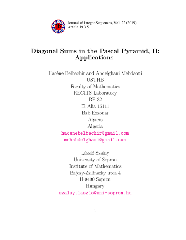 (PDF) Diagonal Sums in the Pascal Pyramid, II: Applications