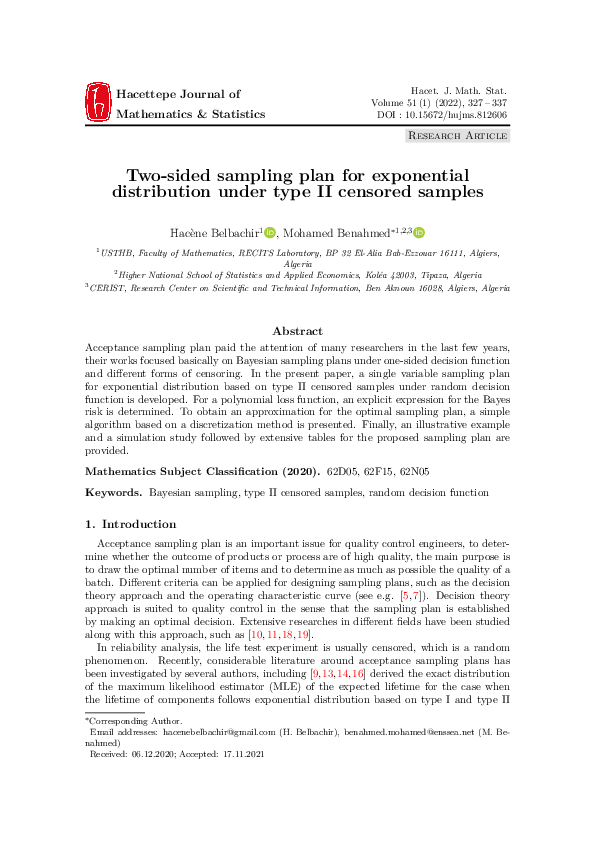 (PDF) Two-sided sampling plan for exponential distribution under type II censored samples