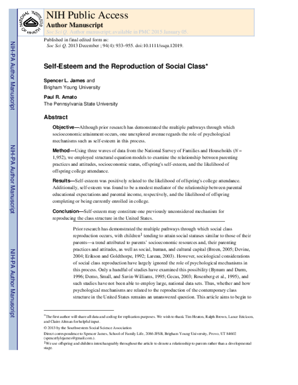 (PDF) Self-Esteem and the Reproduction of Social Class