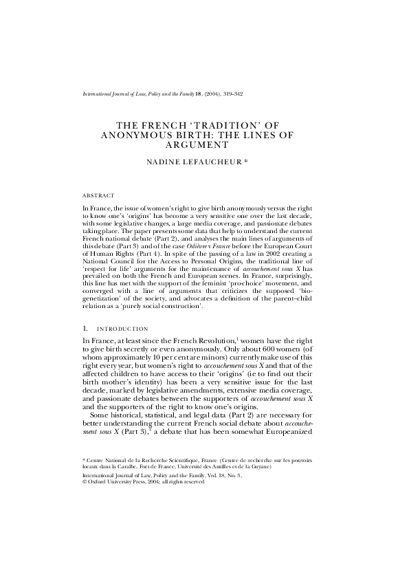 (PDF) The French 'Tradition' of Anonymous Birth: The Lines of Argument