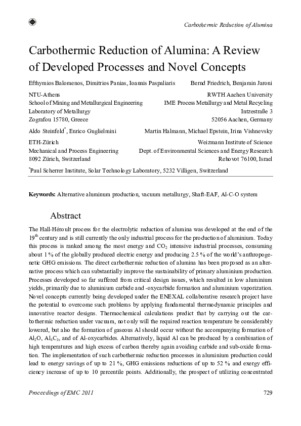(PDF) Carbothermic Reduction of Alumina: A Review of Developed ...