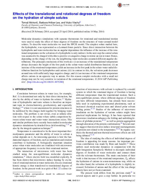 (PDF) Effects of the translational and rotational degrees of freedom on the hydration of simple ...
