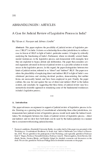 (PDF) A Case for Judicial Review of Legislative Process in India?