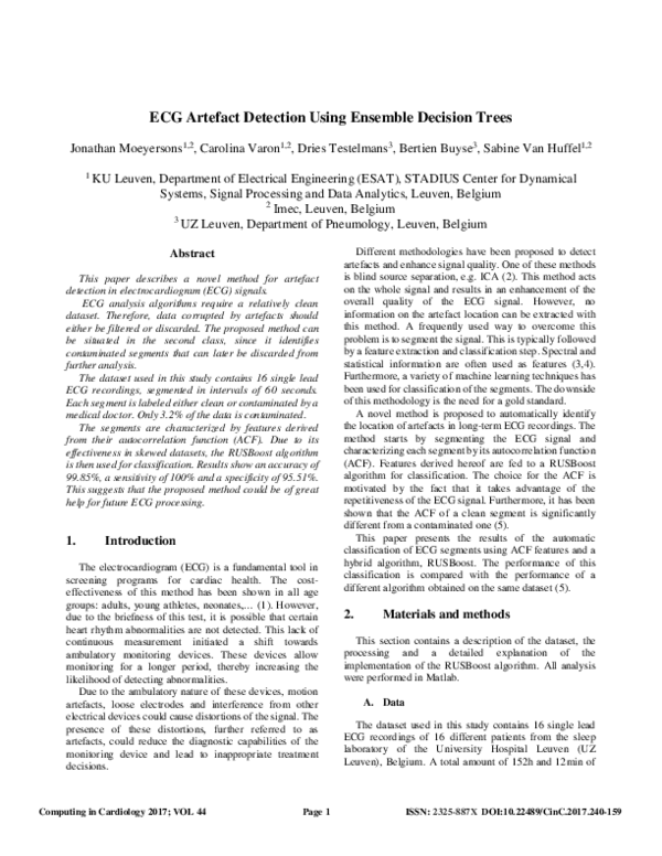 Pdf Ecg Artefact Detection Using Ensemble Decision Trees