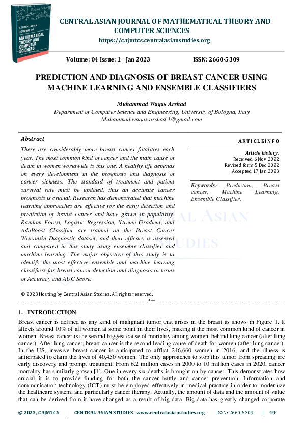 (PDF) PREDICTION AND DIAGNOSIS OF BREAST CANCER USING MACHINE LEARNING AND ENSEMBLE CLASSIFIERS