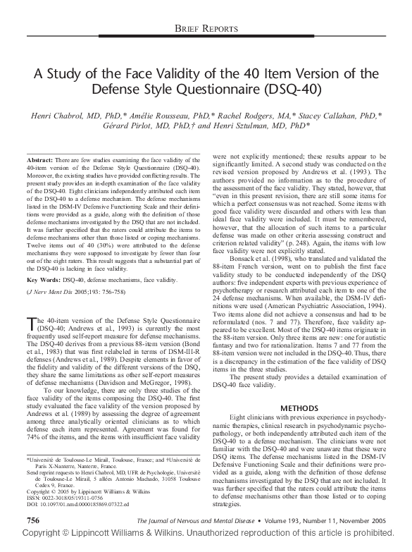 (PDF) A Study of the Face Validity of the 40 Item Version of the Defense Style Questionnaire ...