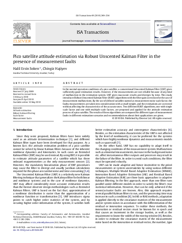 Pdf Pico Satellite Attitude Estimation Via Robust Unscented Kalman