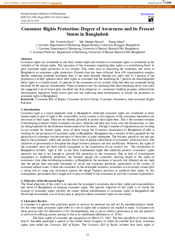 (PDF) Consumer Rights Protection: Degree of Awareness and its Present ...