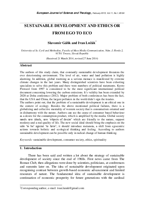 (PDF) Sustainable Development and Ethics or from Ego to Eco