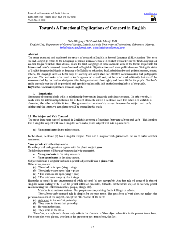 (PDF) Towards A Functional Explications of Concord in English