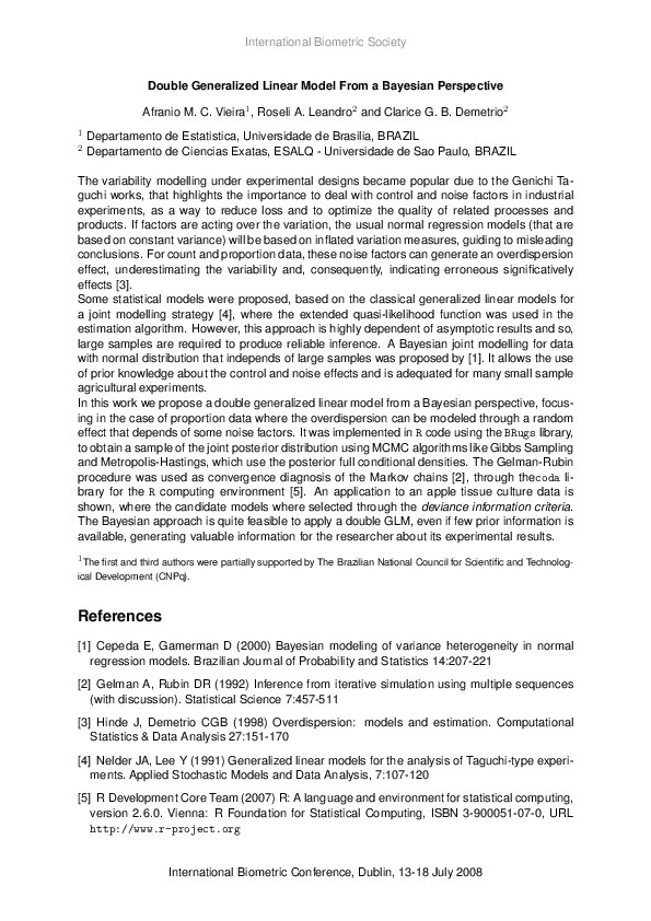 (PDF) Double generalized linear model from a bayesian perspective | Clarice Garcia Borges ...