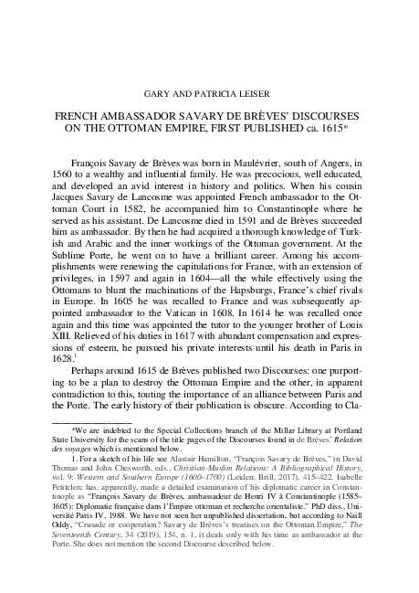 (PDF) French Ambassador Savary de Breves' Discourses on the Ottoman ...
