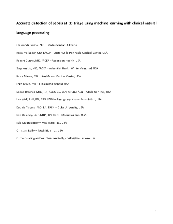 Pdf Accurate Detection Of Sepsis At Ed Triage Using Machine Learning With Clinical Natural