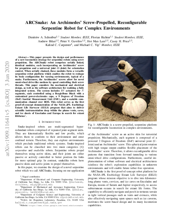 (PDF) ARCSnake: An Archimedes’ Screw-Propelled, Reconfigurable ...