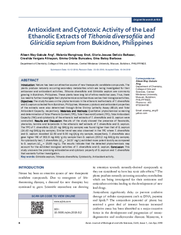 (PDF) Antioxidant and Cytotoxic Activity of the Leaf Ethanolic Extracts of Tithonia diversofilia ...