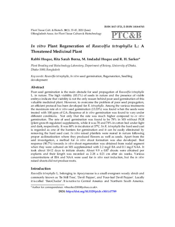 (PDF) Efficient In Vitro Regeneration Protocol for Rauvolfia tetraphylla